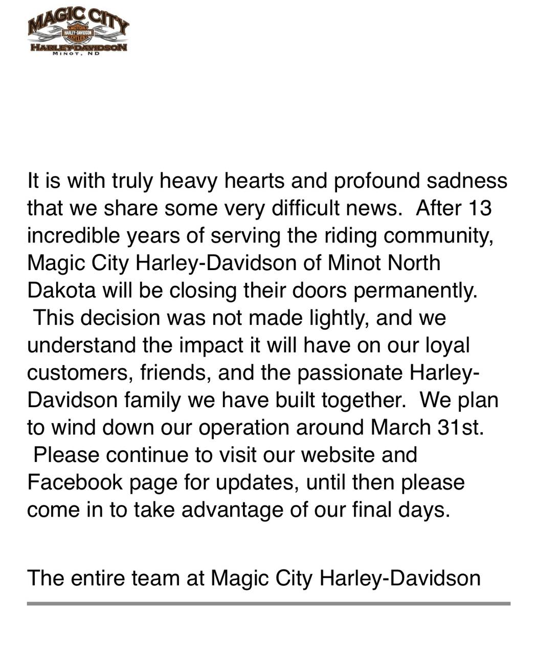 Magic City Harley-Davidson to close after 13 years in North Dakota